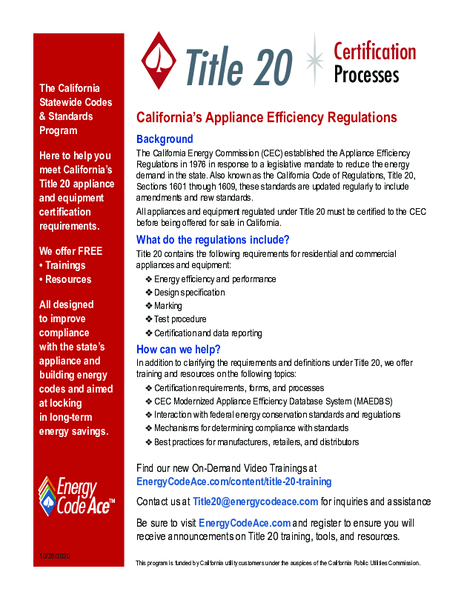 Energy Code Ace - Fact Sheet: Title 20 Certification Overview, Process and FAQs